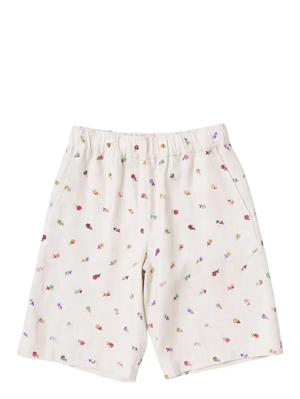 VOWELS Floral Embroidered Linen Shorts - Neutral
