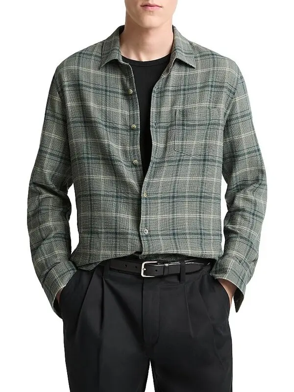 Vince Catskill Plaid French Placket Shirt - Seaweed/matcha
