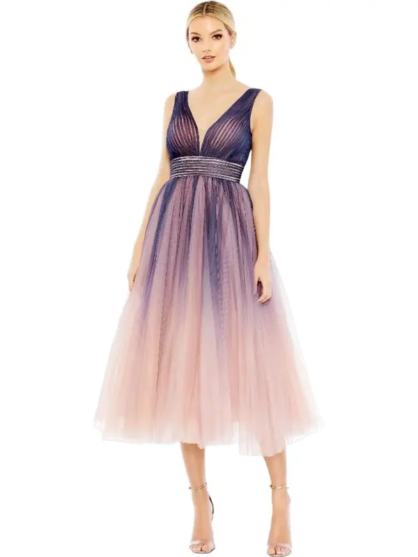 Mac Duggal Ombré Tulle Midi Dress - Indigo Ombre