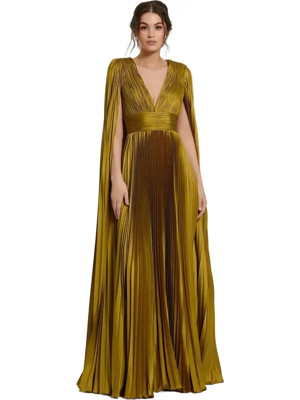Mac Duggal Petite Pleated Charmeuse V-neck Gown With Cape - Chartreuse