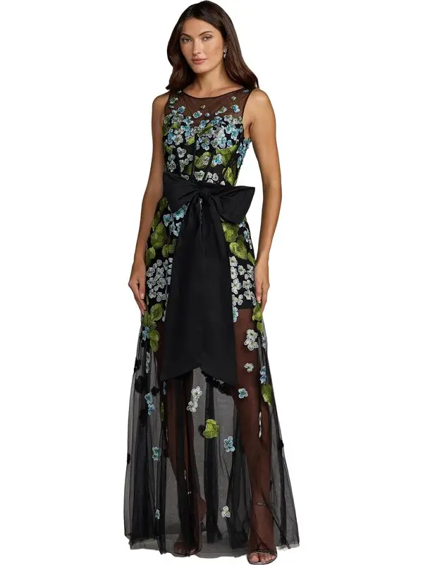 Mac Duggal Floral Embroidered Corset Gown With Bow - Blue Multi