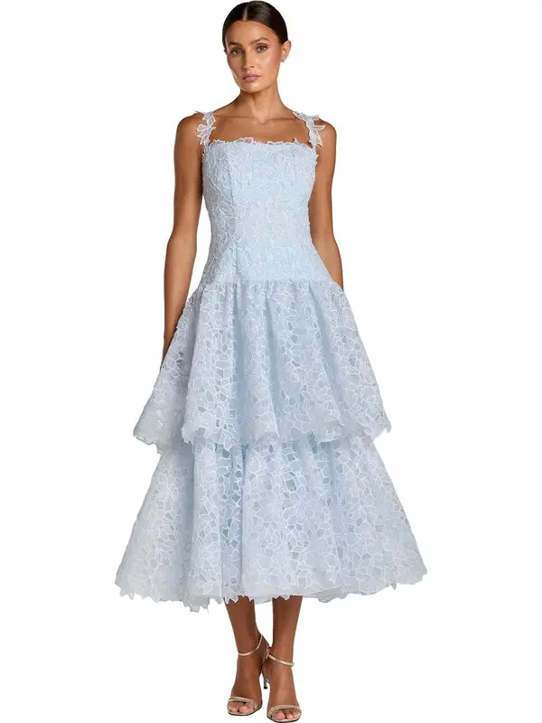 Mac Duggal Embroidered Lace Tiered Midi Dress - Powder Blue