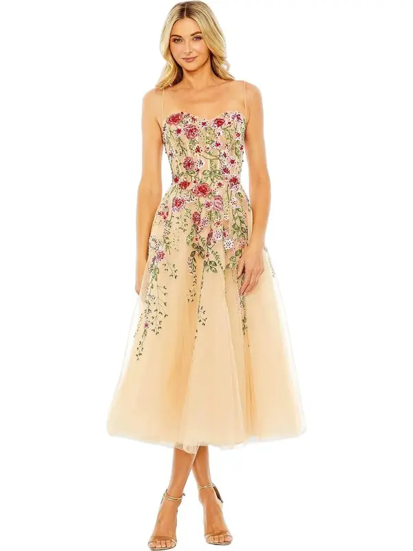 Mac Duggal Floral-embroidered Tulle A-line Dress - Neutral