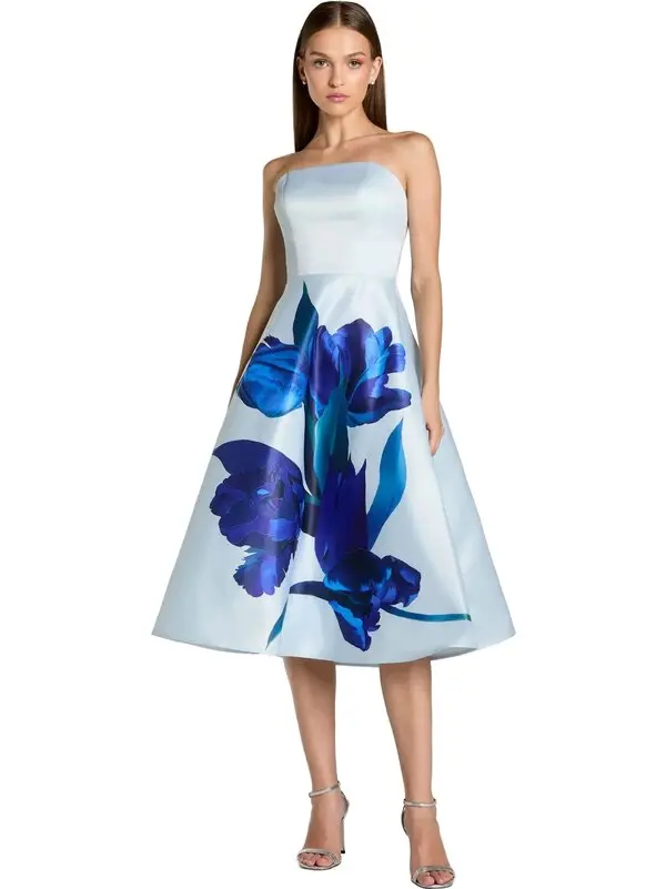 Mac Duggal Satin Midi Dress With Floral Print - Blue