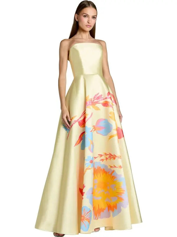 Mac Duggal Strapless Floral Print Mikado Ball Gown - Butter Multi