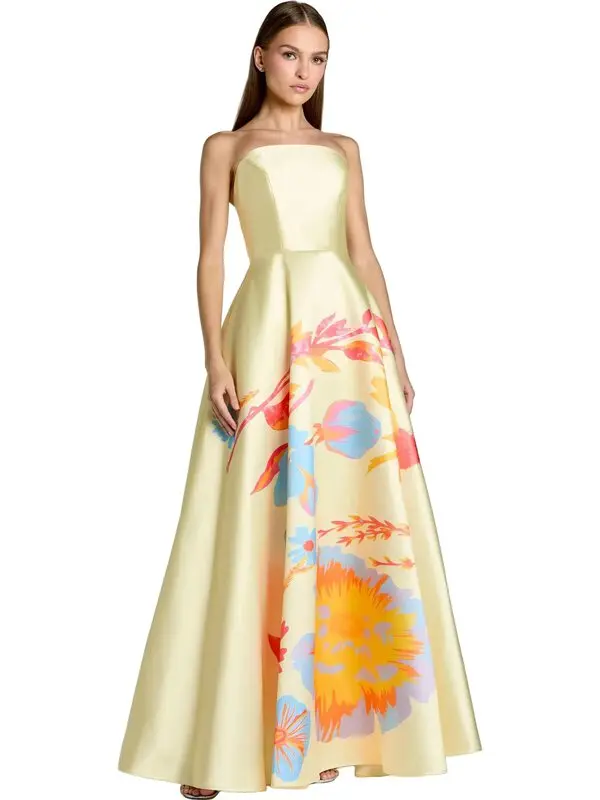 Mac Duggal Strapless Floral Print Mikado Ball Gown - Butter Multi