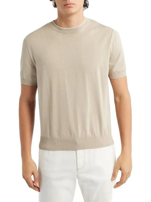 Canali Short Sleeve Cotton Crewneck Sweater - Beige