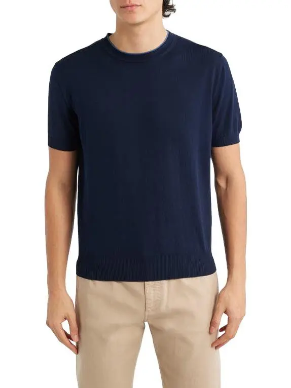 Canali Short Sleeve Cotton Crewneck Sweater - Navy