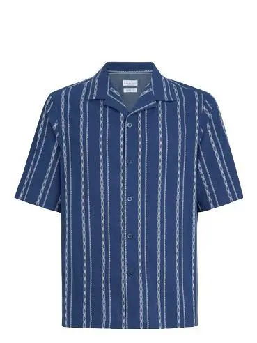 Brunello Cucinelli Seersucker Short Sleeve Shirt - Navy Blue