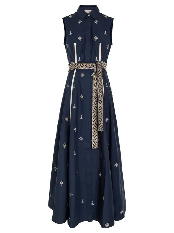 EMPORIO SIRENUSE Embroidered Cotton-poplin Midi Dress - Navy