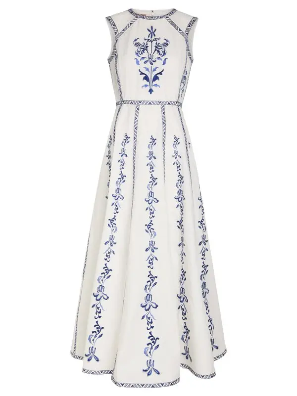 EMPORIO SIRENUSE Clodette Embroidered Cotton-poplin Midi Dress - White And Blue