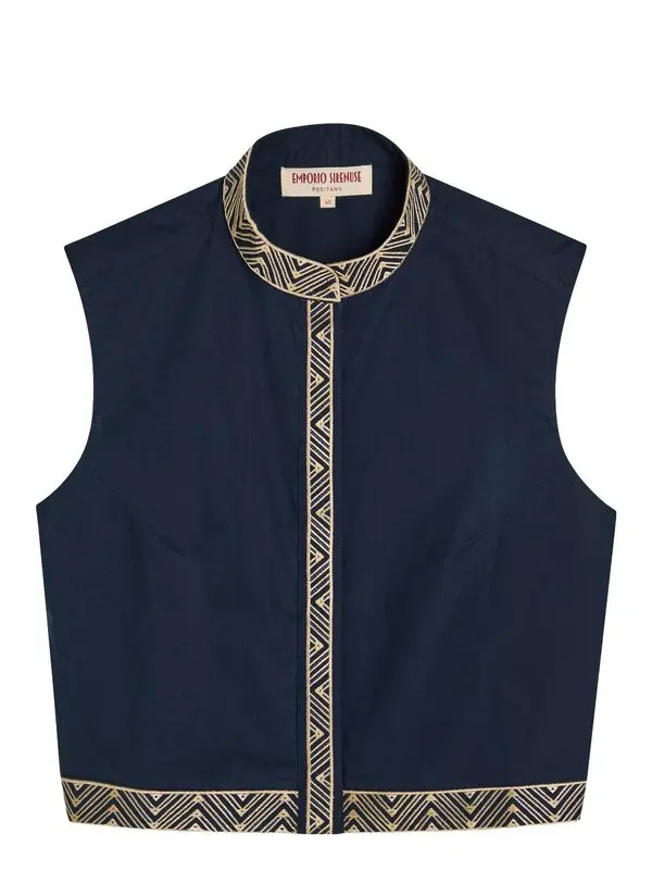 EMPORIO SIRENUSE Embroidered Cotton-poplin Top - Navy