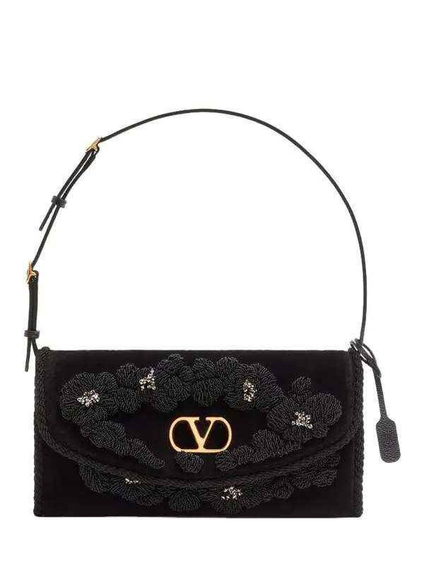 Valentino Garavani Small Embroidered Velvet Shoulder Bag - Black