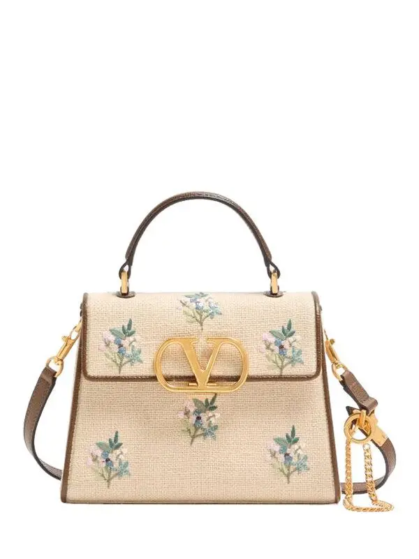 Valentino Garavani Vsling Small Embroidered Linen Handbag - Natural/multicolour