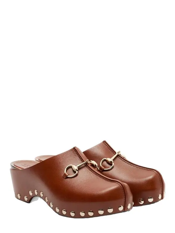Gucci Horsebit Studded Leather Platform Clogs - Brown