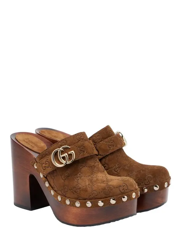 Gucci Double G Suede Clogs - Brown