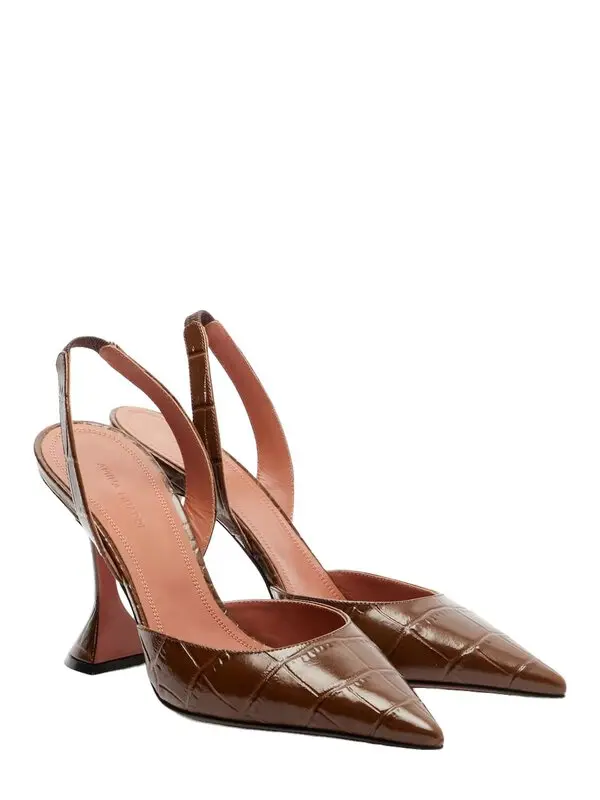 Amina Muaddi Holli Croc-effect Leather Slingback Pumps - Brown