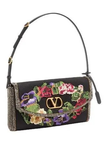 Valentino Garavani Devain Small Embroidered Shoulder Bag - Black