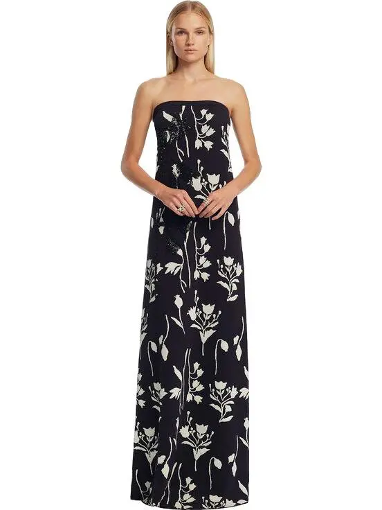 Lela Rose Floral Jacquard Knit Beaded Strapless Dress - Navy / Blue