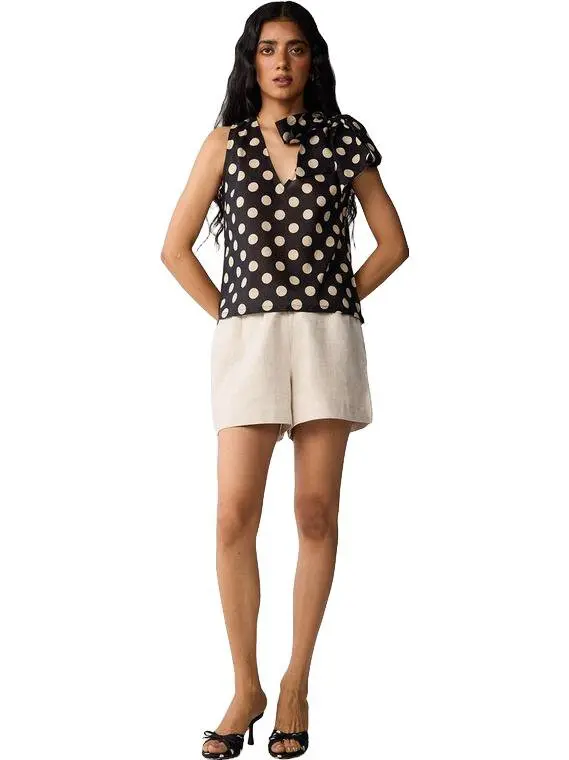 REISTOR Regular V-neck Polka Dot Blouse With Bow Detail - Natural