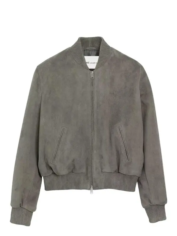 AMI Paris Goat Suede Bomber Jacket With De Coeur Logo - Grey