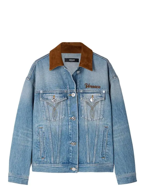 Versace Suede-trimmed Denim Jacket - Mid Denim