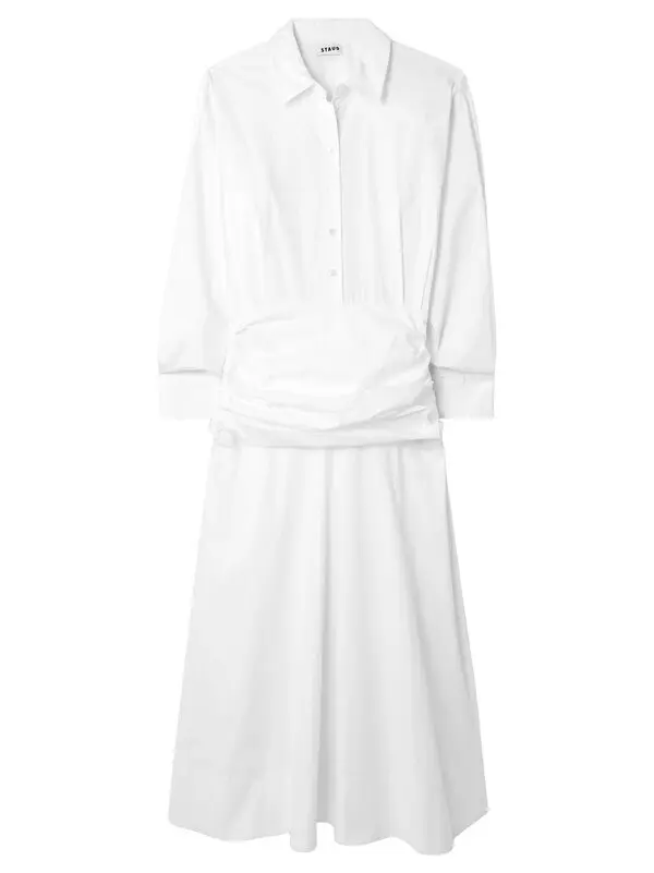 Staud Indya Gathered Cotton-blend Poplin Midi Shirt Dress - White