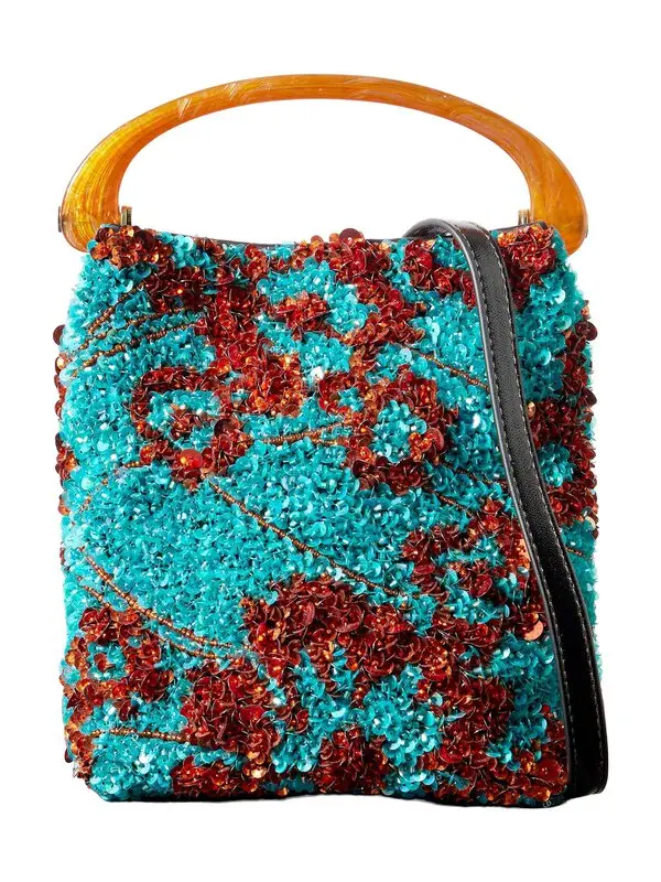 Dries Van Noten Leather-trimmed Embellished Shoulder Bag - Turquoise
