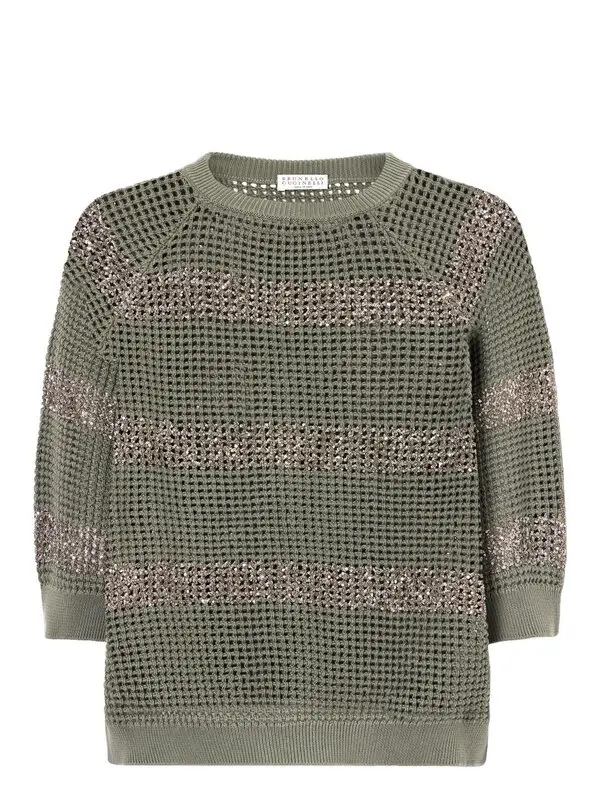 Brunello Cucinelli Sequin-embellished Striped Open-knit Cotton Sweater - Army Green