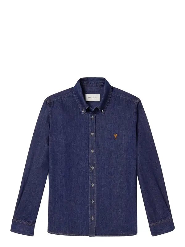 Ami Button-down Collar Logo-embroidered Denim Shirt - Indigo