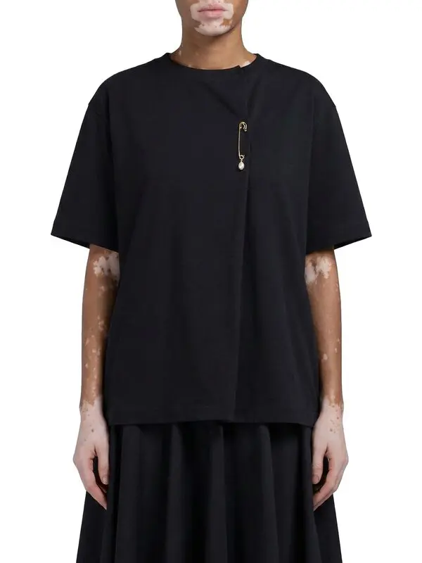 Carven Cotton T-shirt With Safety Pin Embellishment - Black