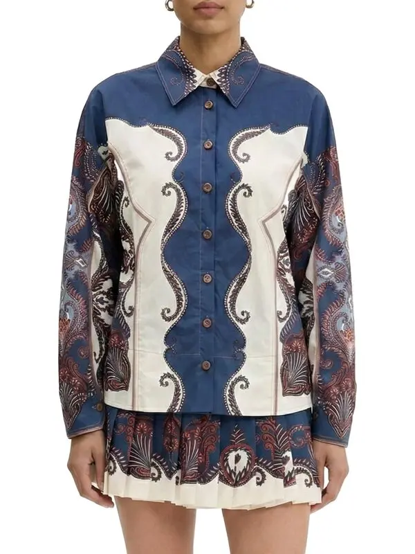 Farm Rio Arabesque Scarf Printed Cotton Shirt - Blue