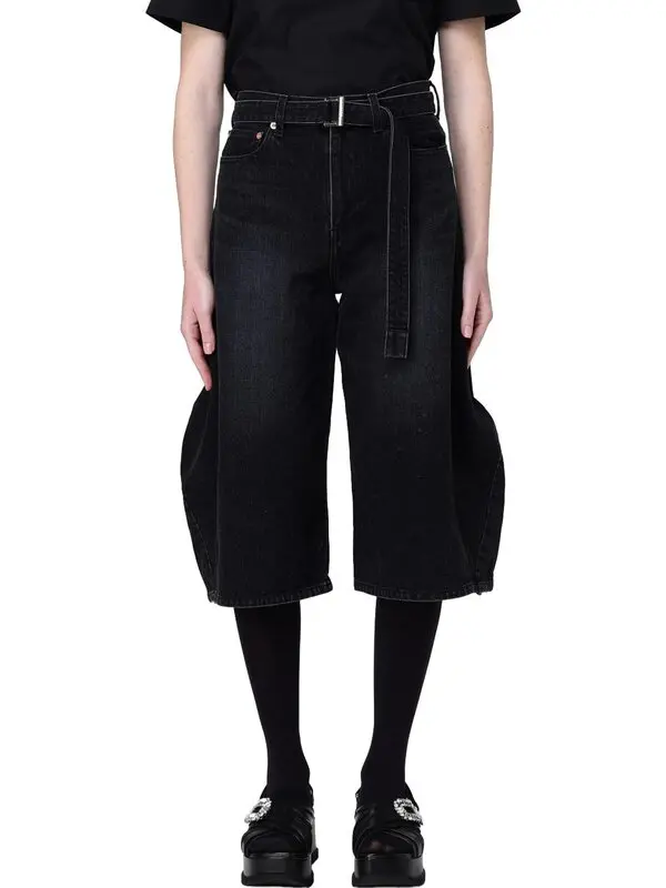 Sacai Wide Leg Denim Shorts - Black