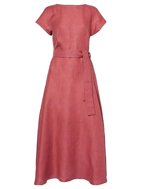 Max Mara Round Neck Flared Linen Midi Dress - 034 Cherry