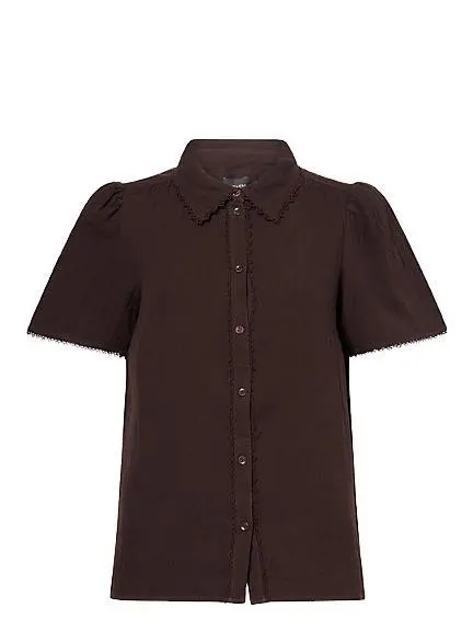 ME+EM Puff-sleeve Cheesecloth Cotton Blouse - Ganache Brown