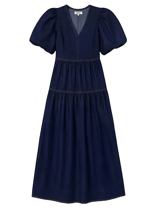 RO&ZO V-neck Puff-sleeve Denim Maxi Dress - Blue