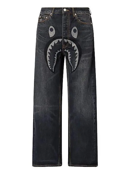 A BATHING APE Shark Embroidered Relaxed-fit Denim Jeans - Indigo