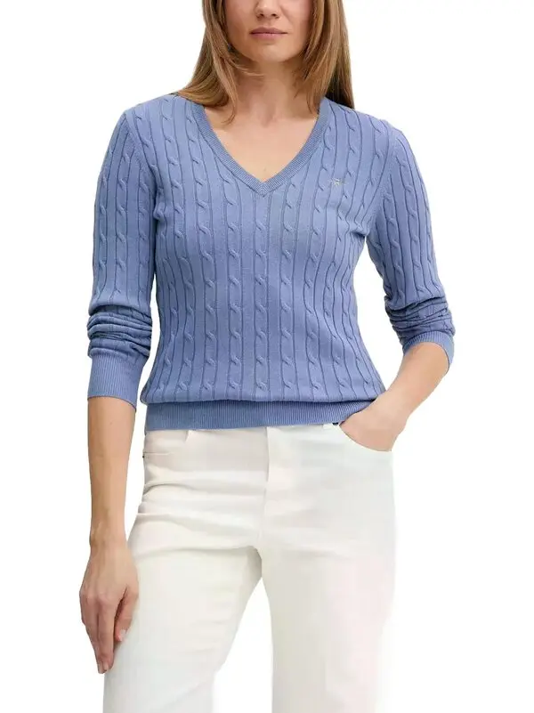 Gant V-neck Cable Knit Sweater - Blue