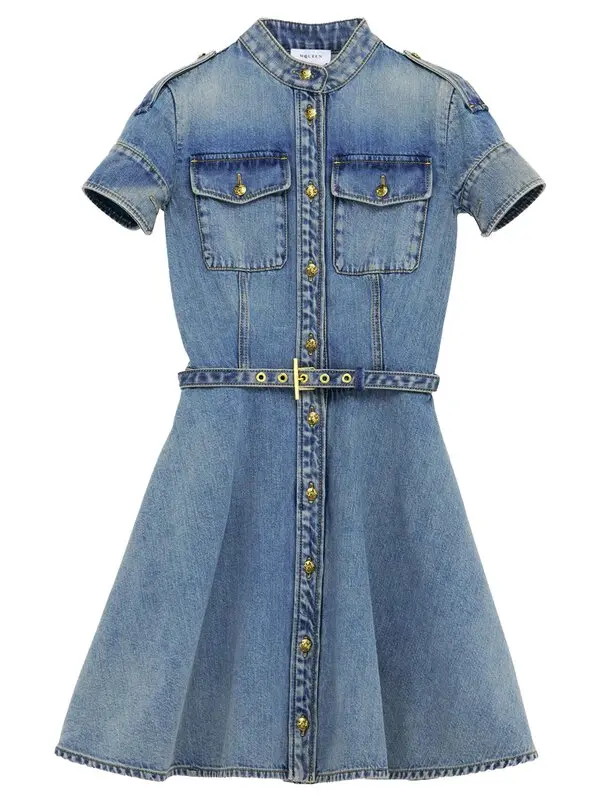 Alexander McQueen Denim Mini Shirt Dress - Blue