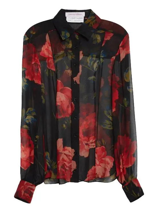 Carolina Herrera Isabella Sheer Silk Chiffon Button-up Shirt - Black Multi