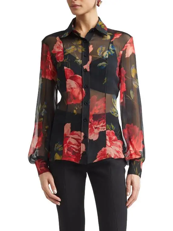 Carolina Herrera Isabella Sheer Silk Chiffon Button-up Shirt - Black Multi