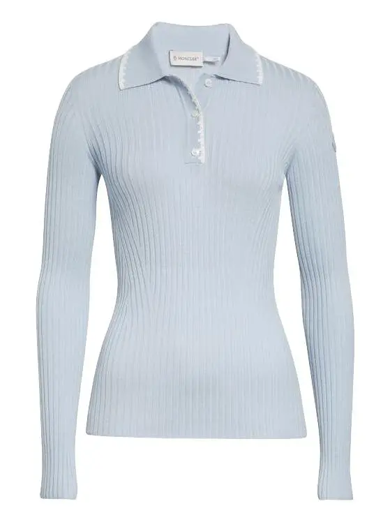 Moncler Long Sleeve Virgin Wool Polo - Light Blue