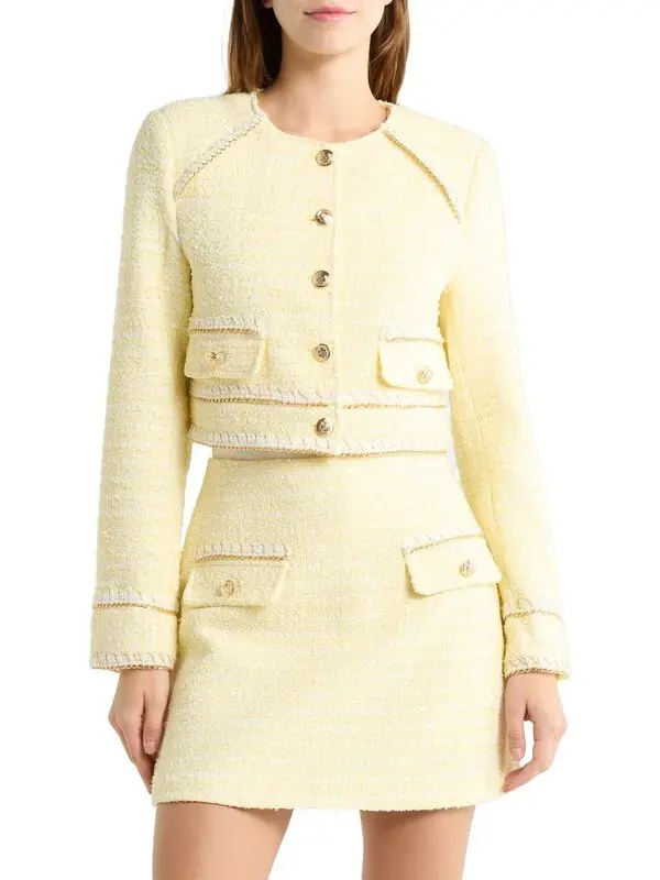 Avec Les Filles Metallic Tweed Crop Jacket - Light Yellow