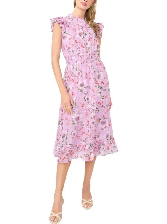 CECE DUPRAZ Floral Print Smocked Midi Dress - Fair Orchid