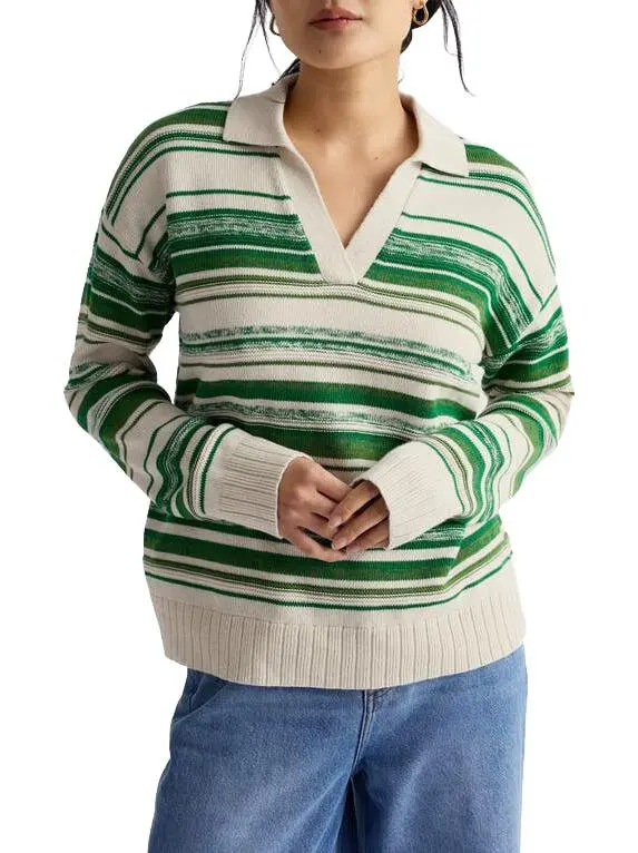 SEASALT CORNWALL Bird Flight Stripe Organic Cotton Johnny Collar Sweater - Corula Chalk Bright Green