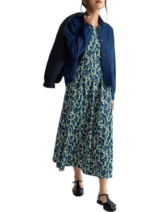 SEASALT CORNWALL Veronica Print Stretch Organic Cotton Jersey Midi Dress - Painty Bluebell Dark Voyage