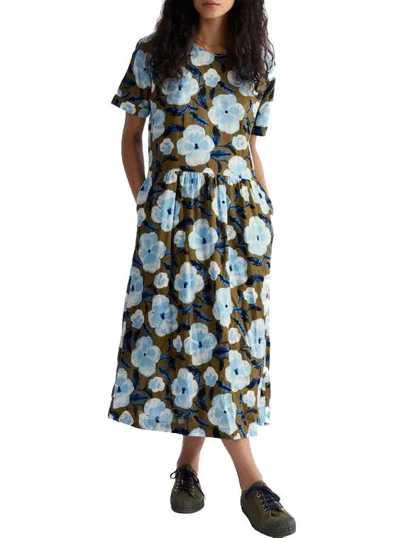 SEASALT CORNWALL Brouse Floral Print Organic Cotton Midi Dress - Spring Pansy Seagrass