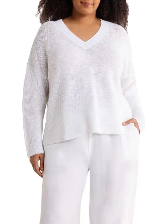 Eileen Fisher Organic Linen & Organic Cotton V-neck Sweater - White