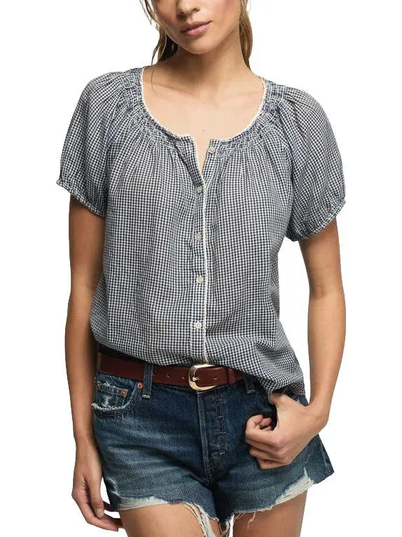 Lucky Brand Flowy Raglan Sleeve Top - Navy Gingham
