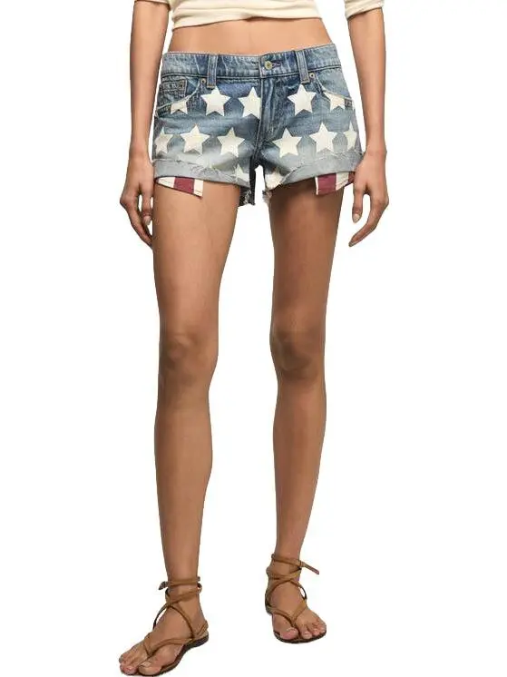 Lucky Brand Festival Star Print Denim Cutoff Shorts - New Americana Wash